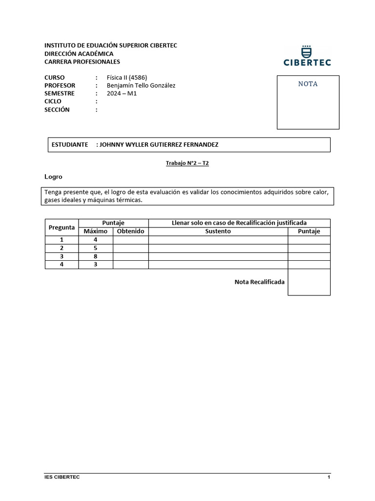 Física II - T2 JOHNNY GUTIERREZ FERNANDEZ | PDF | Gases | Temperatura
