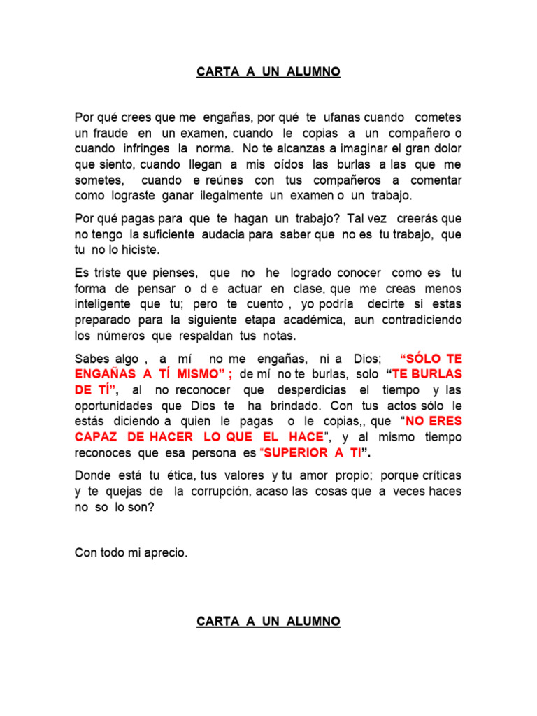 Carta A Un Alumno | PDF | Amor | Autoestima