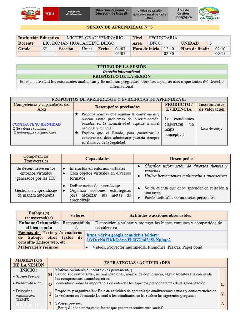 FORMATO Sesión de Aprendizaje - UGEL PADRE ABAD - 2024 DPCC 5° EDA 3 Semana 3 | PDF | Evaluación ...
