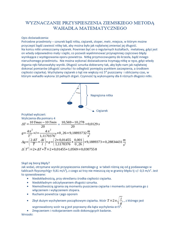 Wyznaczanie Przyspieszenia Ziemskiego Metodą Wahadła Matematycznego | PDF