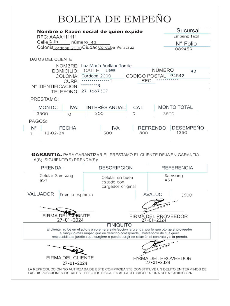 Boleta de Empeño | PDF