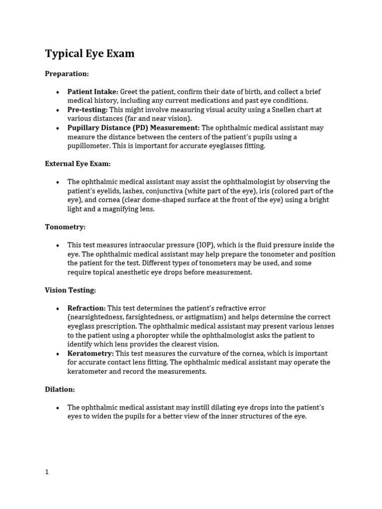 Typical Eye Exam Breakdown For Ophthalmic Medical Assistants | PDF | Human Eye | Visual Acuity