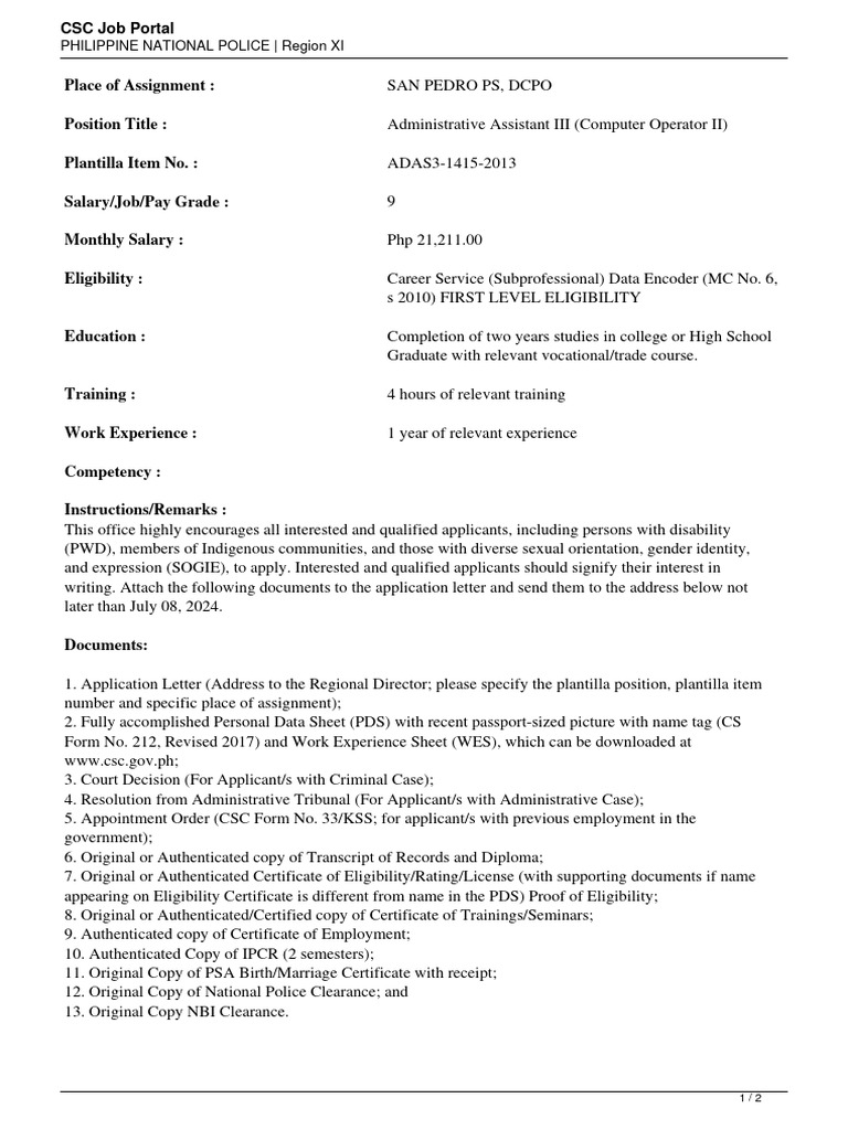PHILIPPINE NATIONAL POLICE-Administrative Assistant III Computer ...