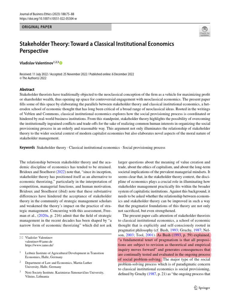 Stakeholder Theory: Toward A Classical Institutional Economics ...