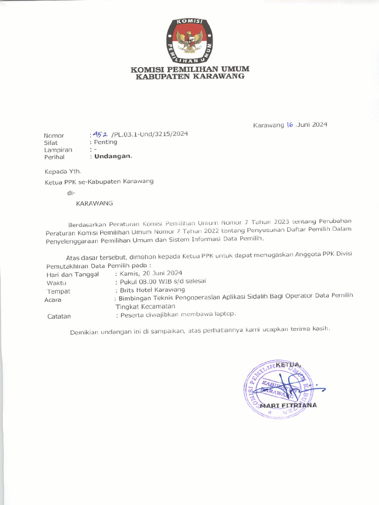 452 - Surat Undangan - PPK - Bimbingan Teknis Pengoperasian Aplikasi Sidalih Bagi Operator Data ...