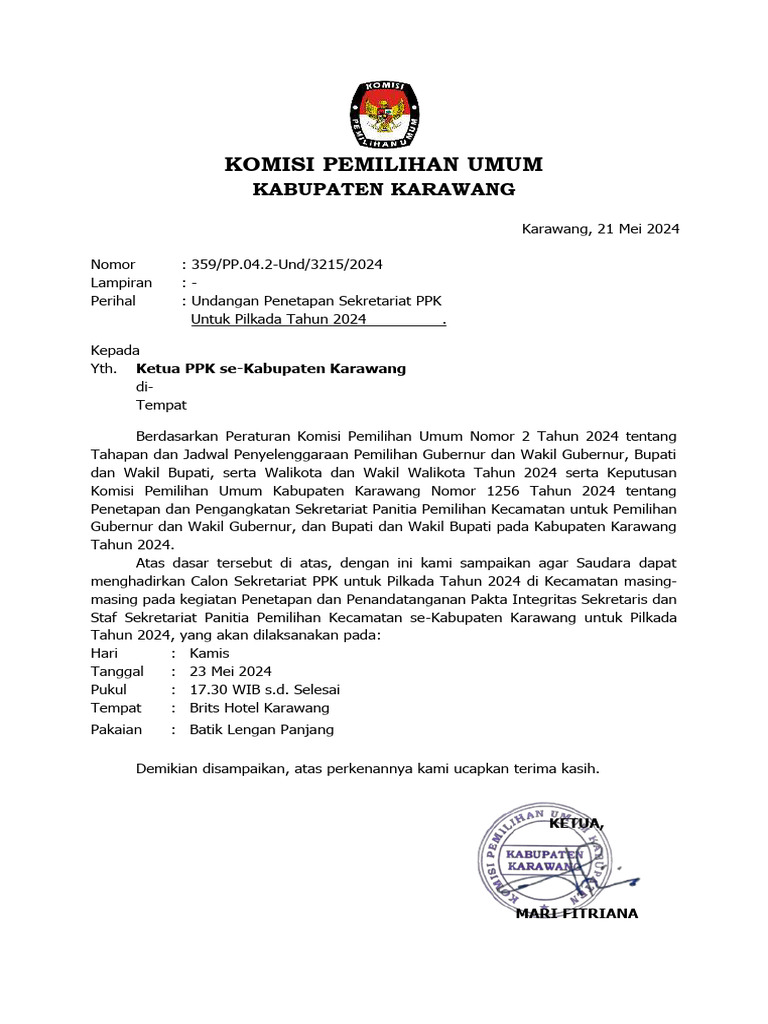 Undangan Sekretariat PPK Pilkada 2024 | PDF