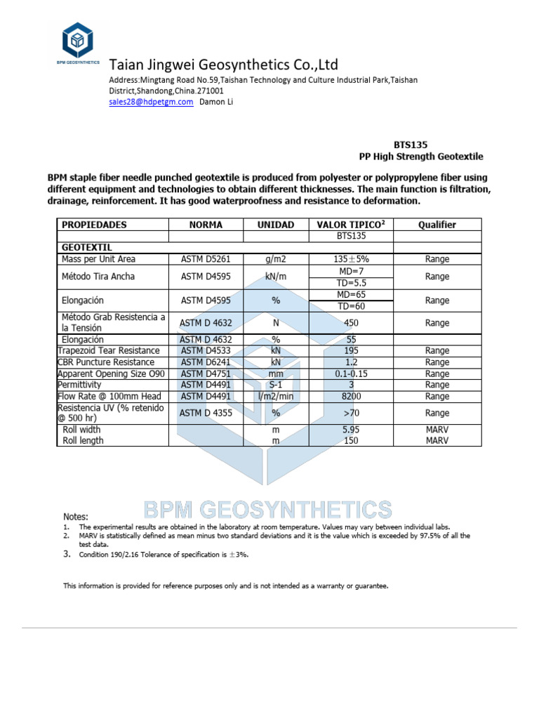 BPM 135g PP Staple Fiber Geotextile Data Sheet - Damon | PDF | Materials
