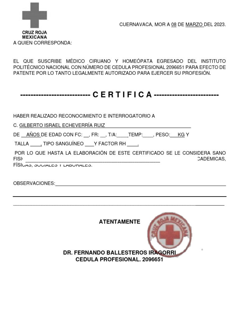 FORMATO DE CERTIFICADO Cruz Roja Sin Lgo Uaem en Blanco | PDF
