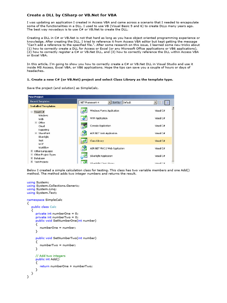 Create A Dll By Csharp Or Vb Net For Vba Pdf Component Object