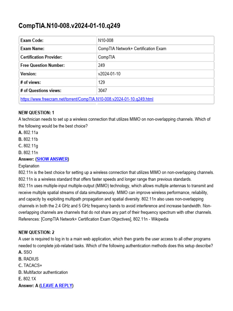 CompTIA N10-008 v2024-01-10 q249 | PDF | Computer Network | Ieee 802.11
