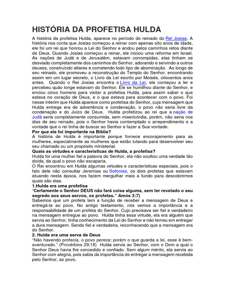 História Da Profetisa Hulda | Download grátis PDF | Profeta | Jeremias