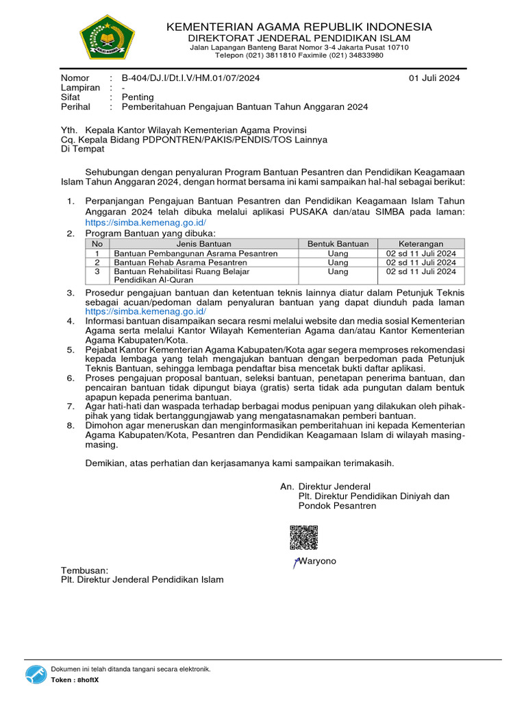 Pemberitahuan Pengajuan Bantuan Tahun Anggaran 2024-TTE | PDF