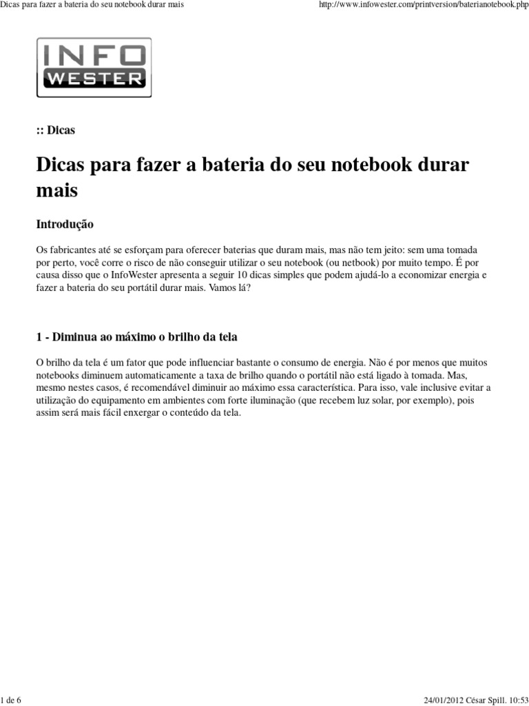 Dicas para Fazer A Bateria Do Seu Notebook Durar Mais | PDF | Notebook ...