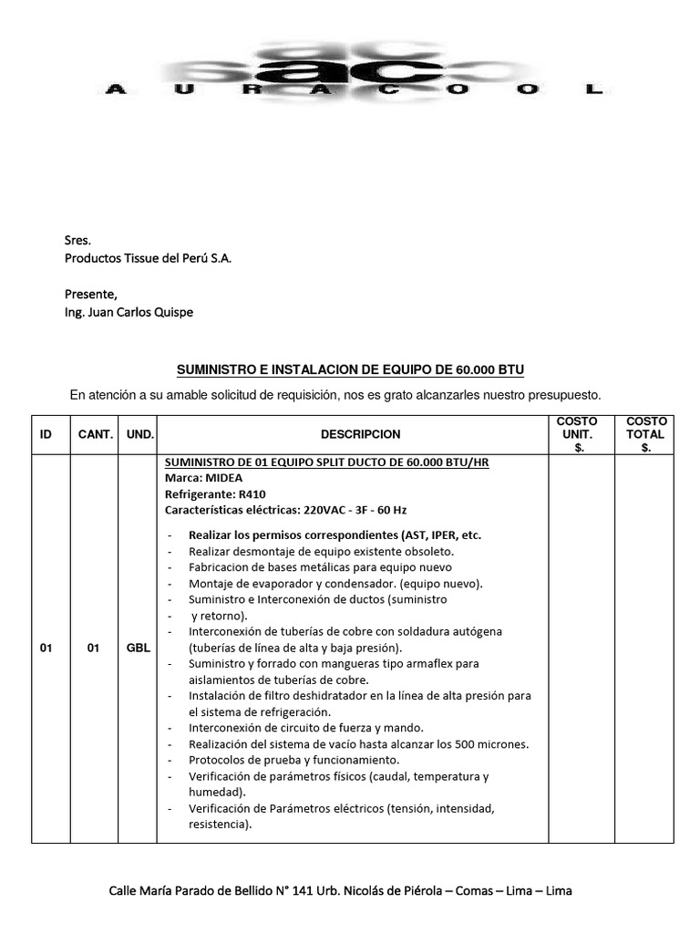 Ppto 120.16 - Suministro e Instalacion de Equipo de 60.000 BTU - Sala Nro | PDF | Ingenieria ...