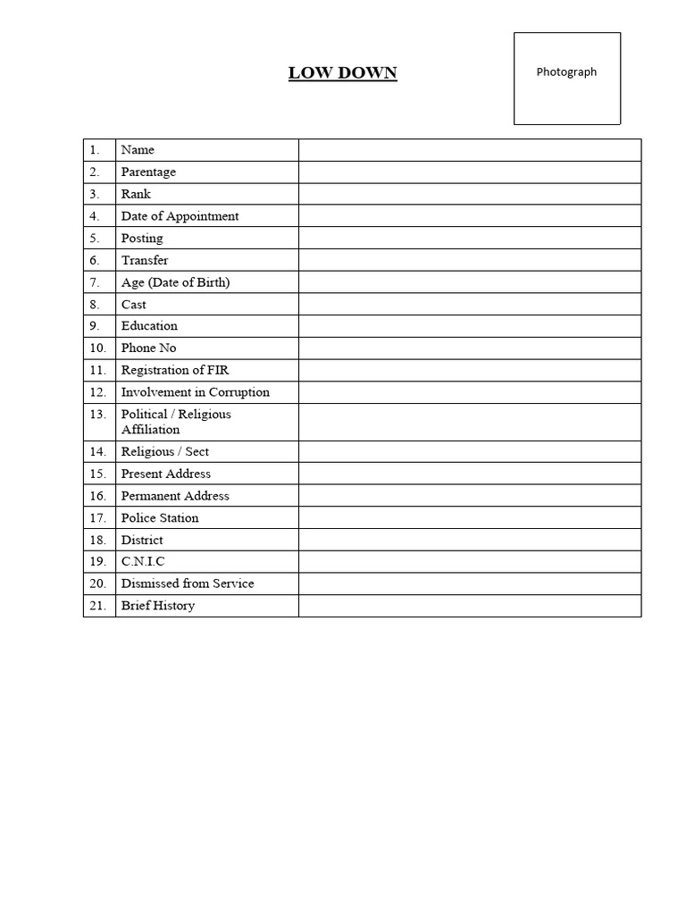 Low Down of Police Officer Proforma | PDF