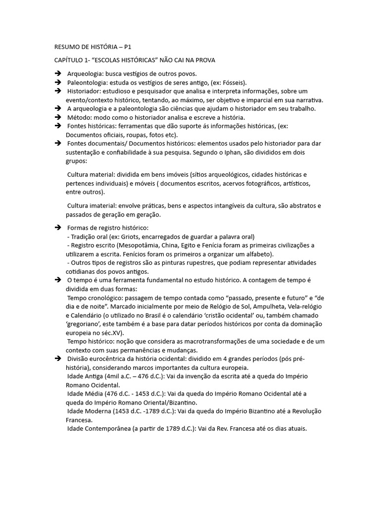 RESUMO DE HISTÓRIA p1 | PDF | Arqueologia | Historiador