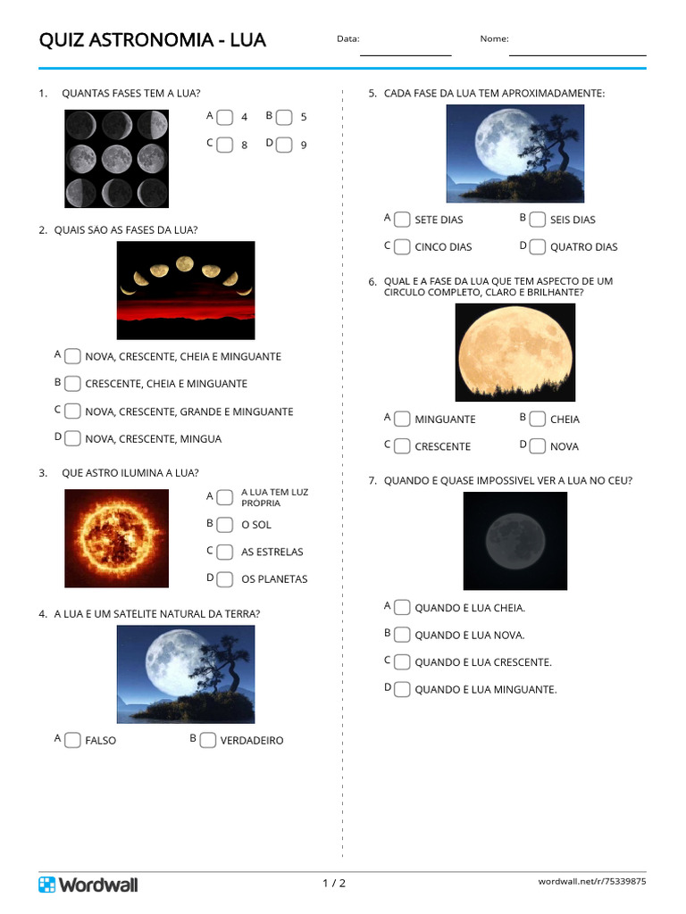 Quiz sobre Fases e Movimentos da Lua | PDF | Lua | Eclipse