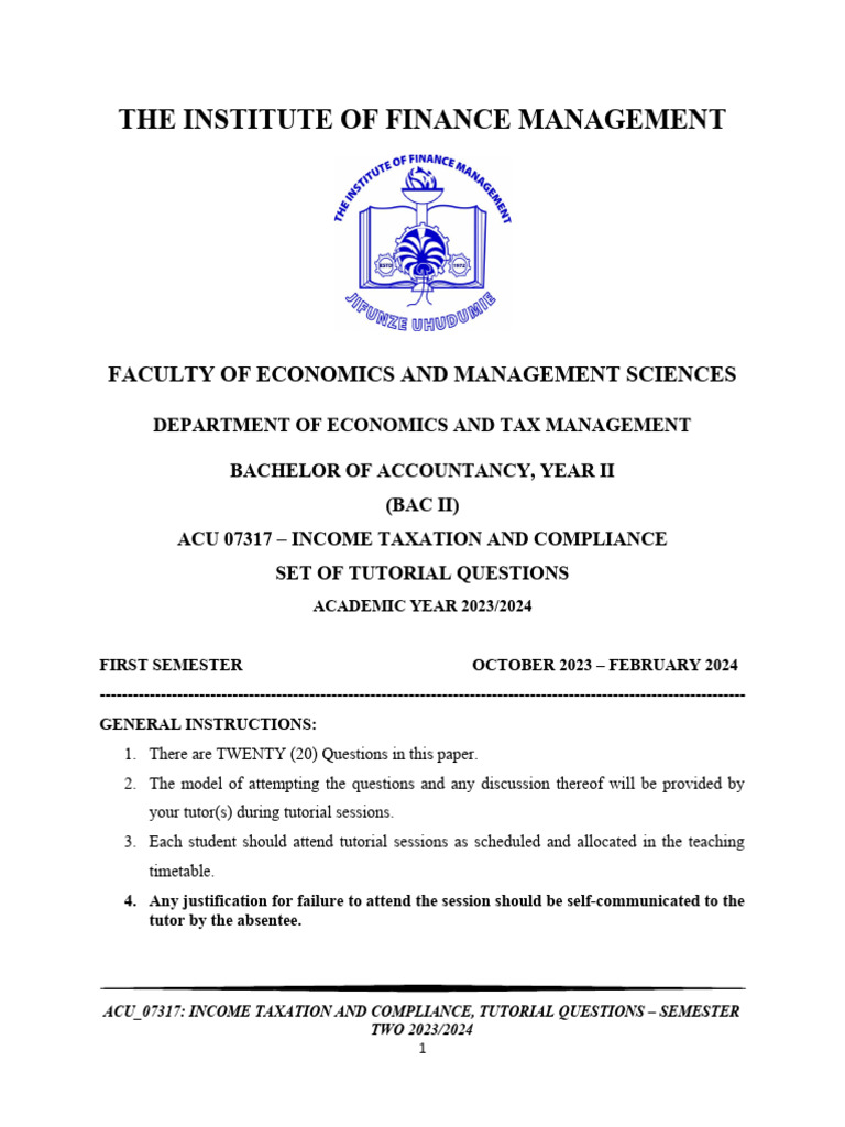 ACU 07317 Income Taxation Tutorial Questions | PDF | Taxes | Expense