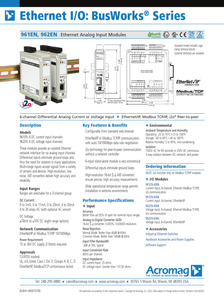 Acromag 961EN - 962EN Ethernet Analog Input Modules | PDF | Analog To ...