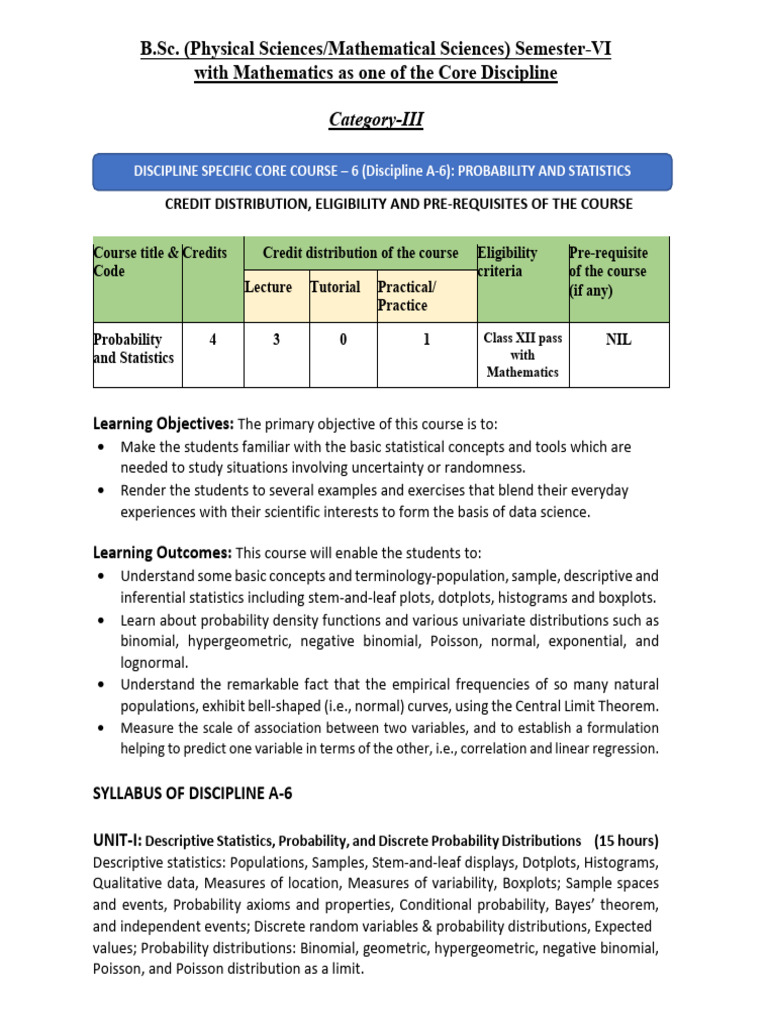 Maths Syllabus (6th Sem) | PDF | Probability Distribution | Statistics