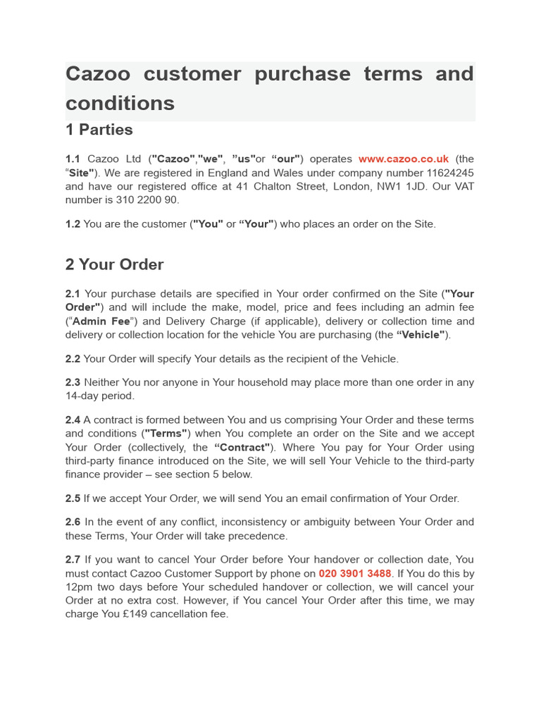 Cazoo Customer Purchase Terms and Conditions | PDF | Payments | Credit Card