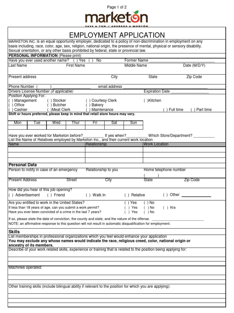 Marketon Employment Application | PDF | Identity Document | Employment