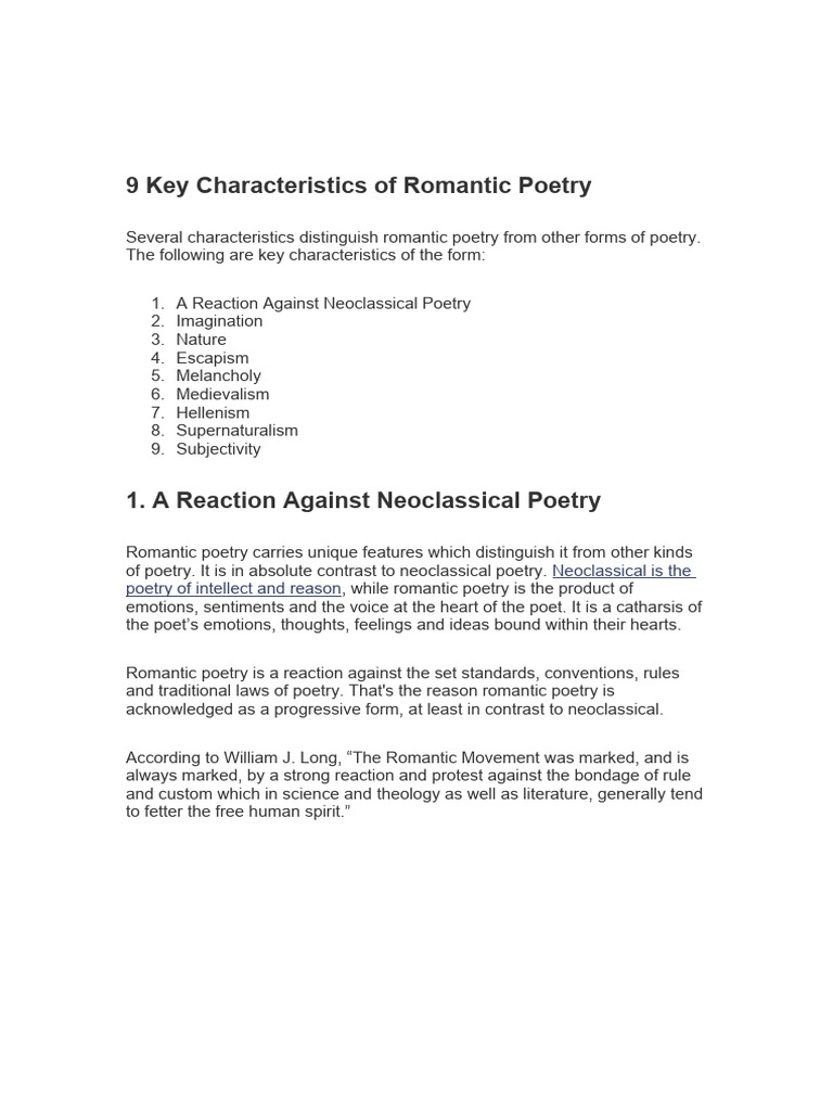 9 Key Characteristics of Romantic Poetry | PDF