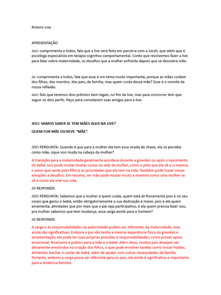 ROTEIRO - DA - LIVE - Devolutiva | PDF | Mãe | Família