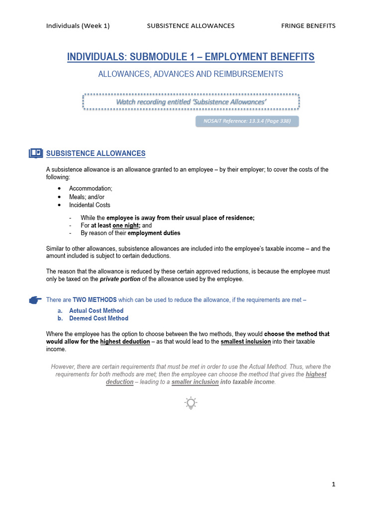 Subsistence Allowances | PDF | Employee Benefits | Tax Deduction