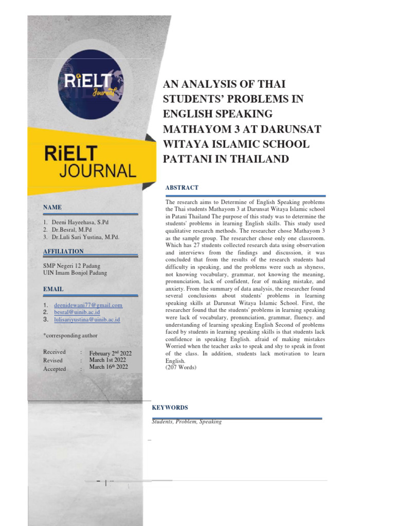 15-An Analysis of Thai Students' Problems in English Speaking Mathayom ...