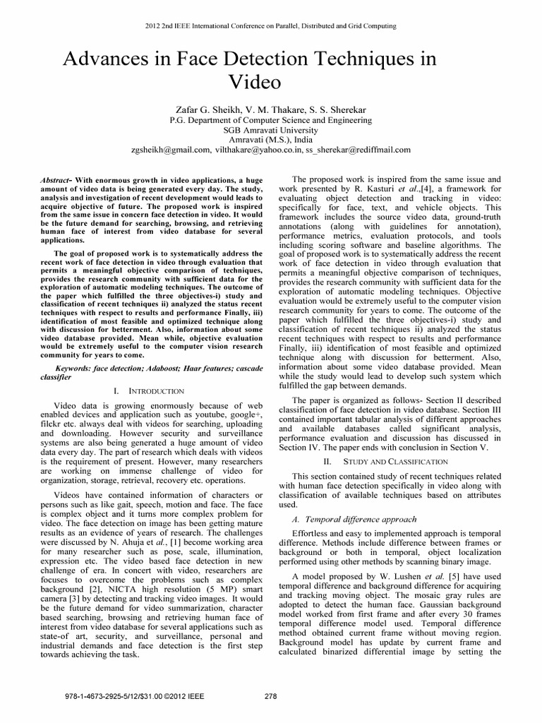 Advances in Face Detection Techniques in Video | PDF | Statistical ...