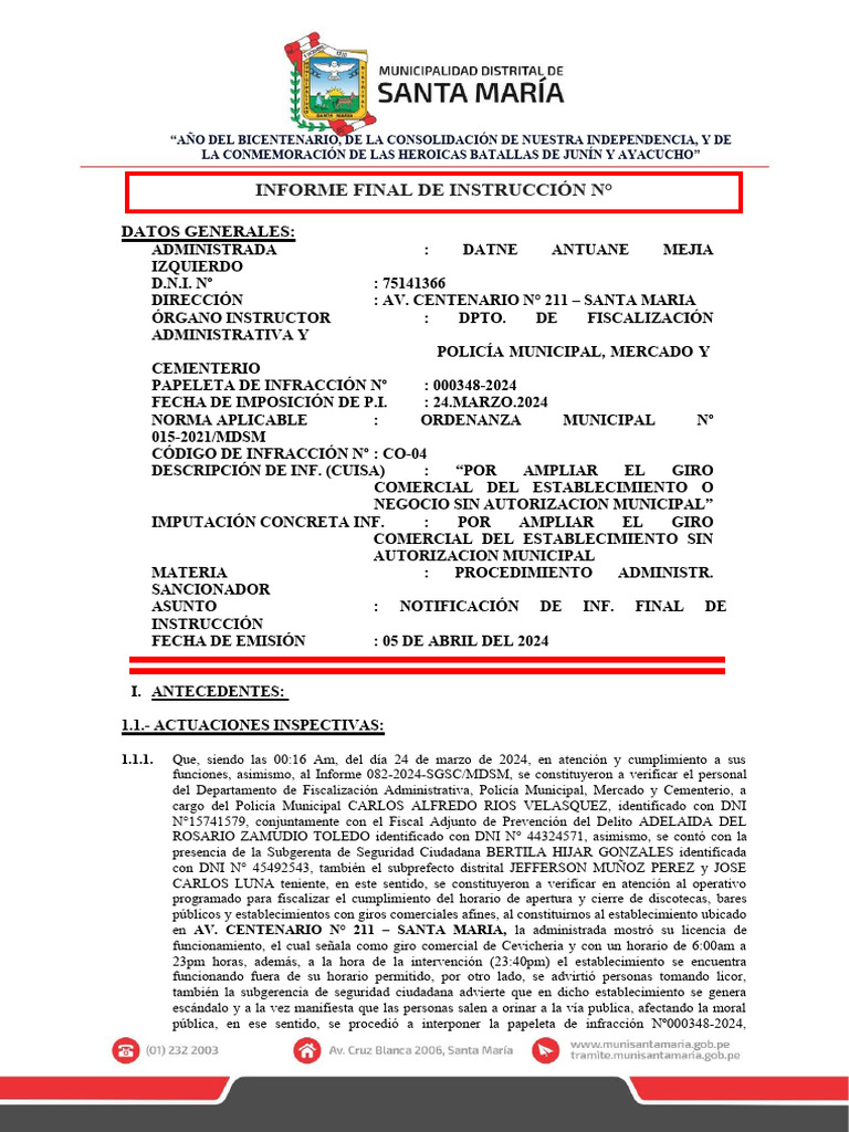Inf. Final de Inst. 055-2024 - Datne Antuane Mejia Izquierdo - Pia 348 | PDF | Debido al proceso ...