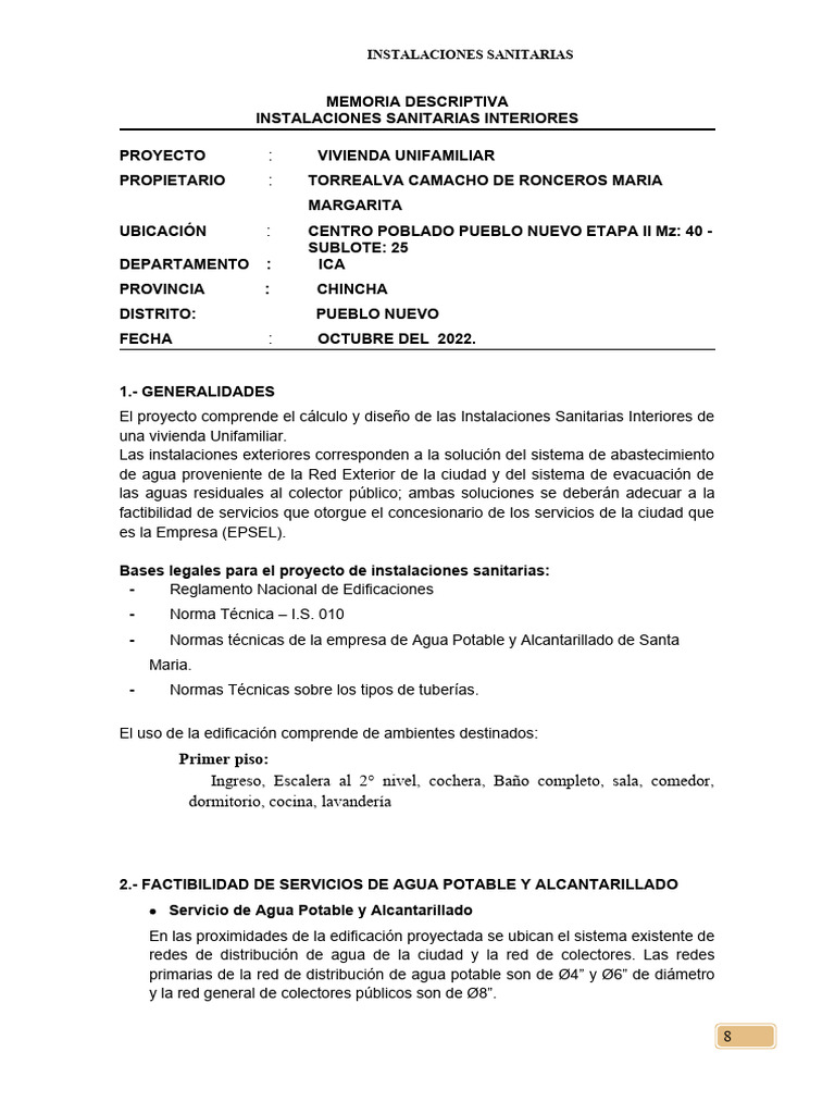 Memoria de Inst - Sanitarias | PDF | Alcantarillado | Bomba Memoria de Inst - Sanitarias | PDF | Alcantarillado | Bomba