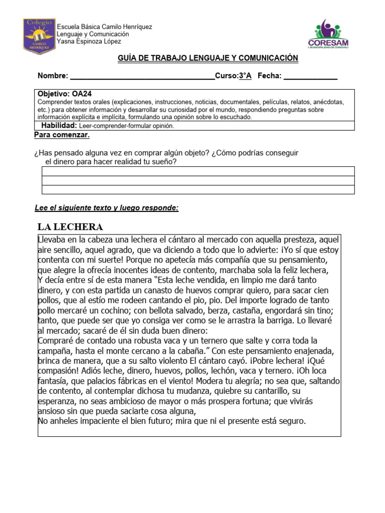 Guía Lenguaje y Comunicación 3A | PDF