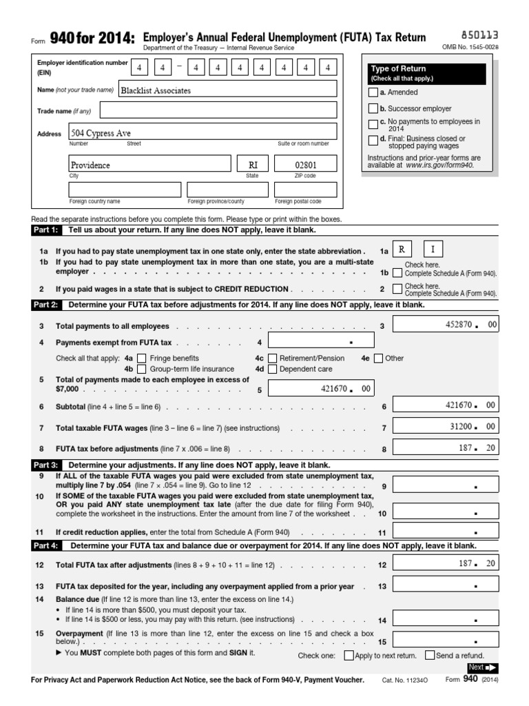 2014 Form 940 PDF | PDF | Internal Revenue Service | Taxes