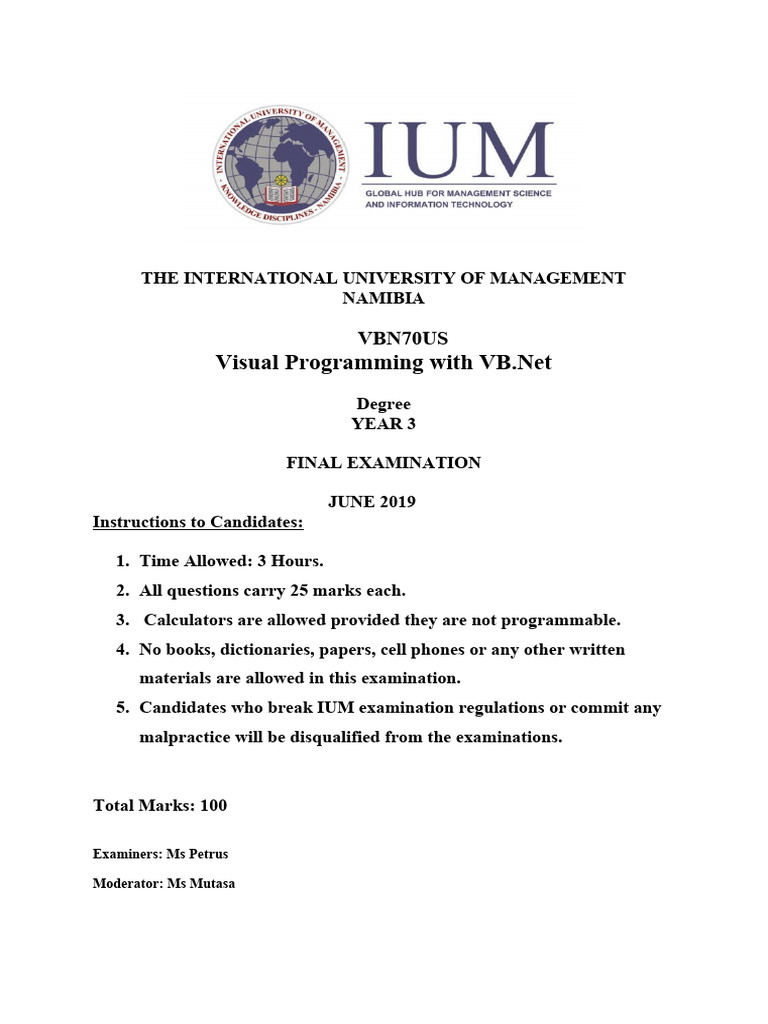 VBN70US - Visual Programming With VB - Net Final Exam | PDF | Computer Programming | Computer ...