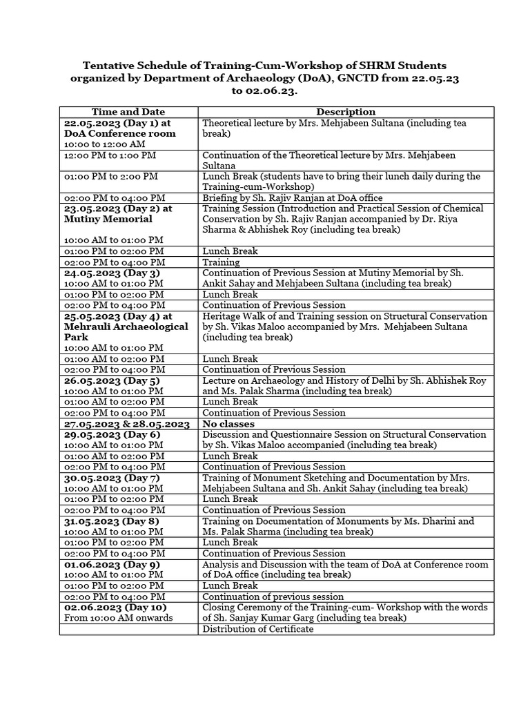 SHRM Training-Cum Workshop Schedule Dept of Archaeology NCT Delhi 0 | PDF