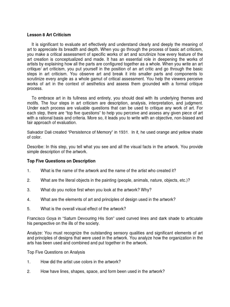 ArtApp Lesson 8 Art Criticism (Rev) | PDF | The Arts | Cognition