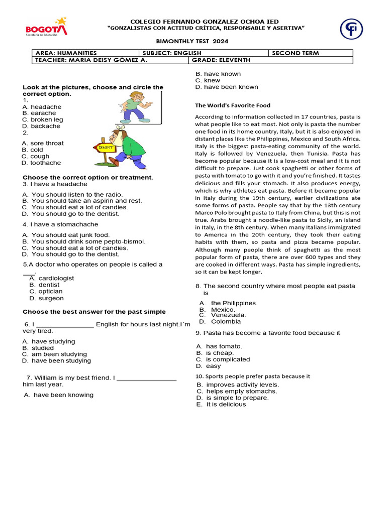 Bimonthly Test 11th II Term | PDF | Pasta | Foods