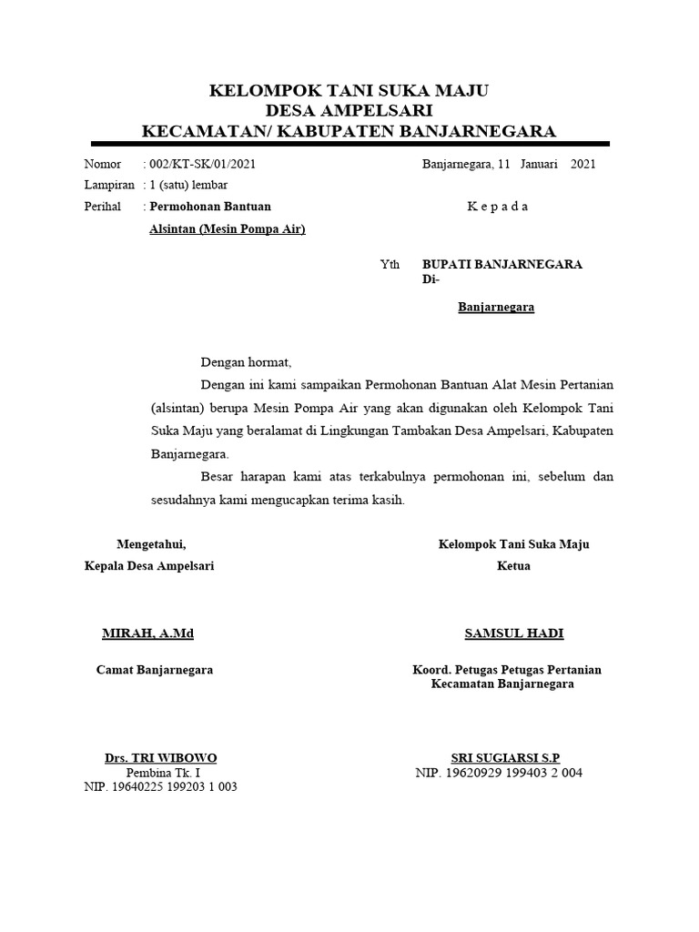 Surat Permohonan Bantuan Alsintan (Mesin Pompa Air) | PDF