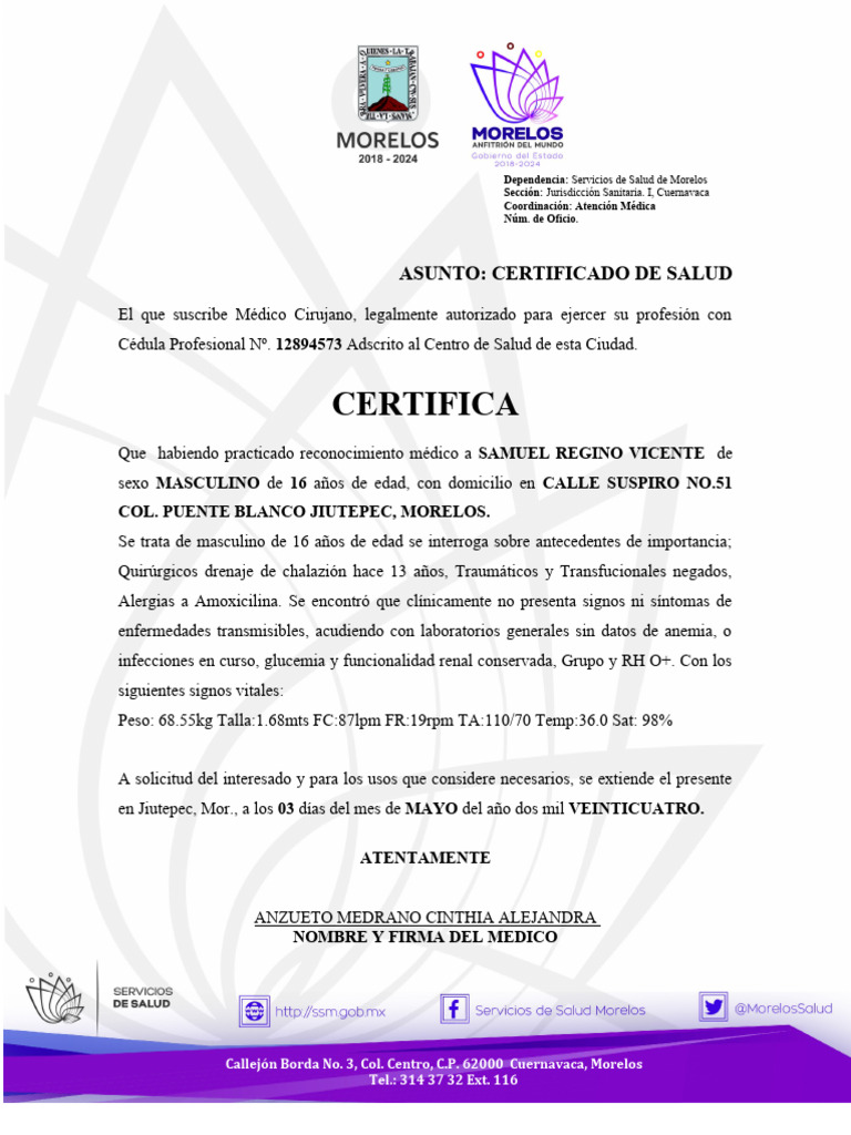 Certificado de Salud SSM | PDF