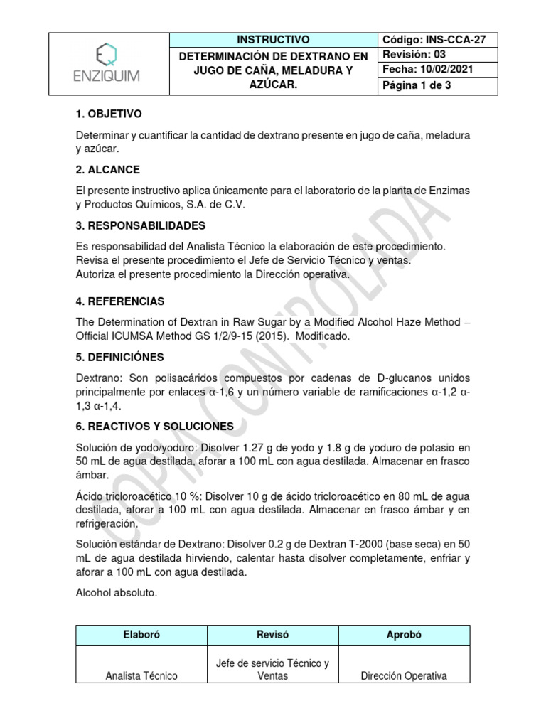 DETERMINACIÓN DE DEXTRANO EN JUGO DE CAÑA ENZIQUIM 3[1] | PDF ...