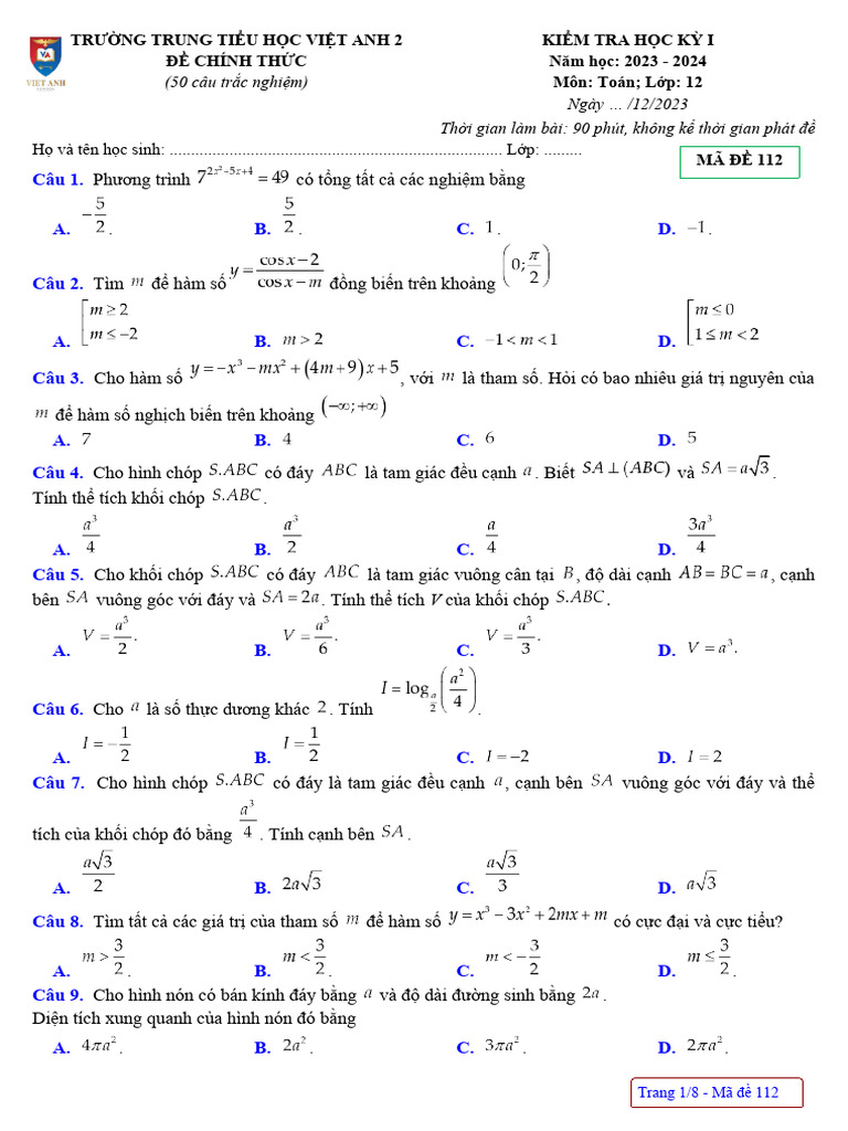 De Cuoi Hoc Ky 1 Toan 12 Nam 2023 2024 Truong Viet Anh 2 Binh Duong | PDF