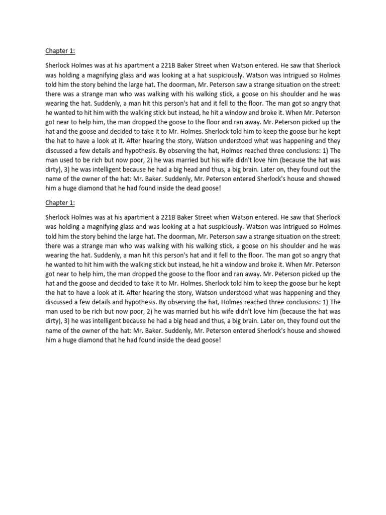 Chapter 1 Summery | PDF | Sherlock Holmes | Dr. Watson