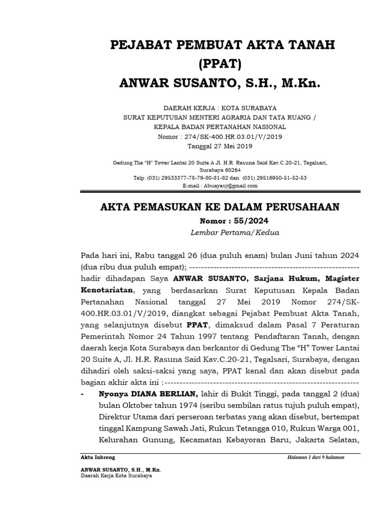 Tugas I Anwar Susanto Akta Inbreng | PDF