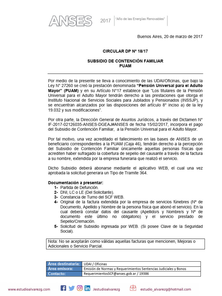 Anses Circular DP #18/17 Subsidio de Contención Familiar Puam 20/03 ...