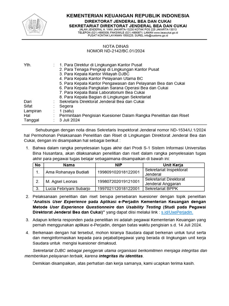 Permintaan Pengisian Kuesioner Dalam Rangka Penelitian Dan Riset PDF | PDF