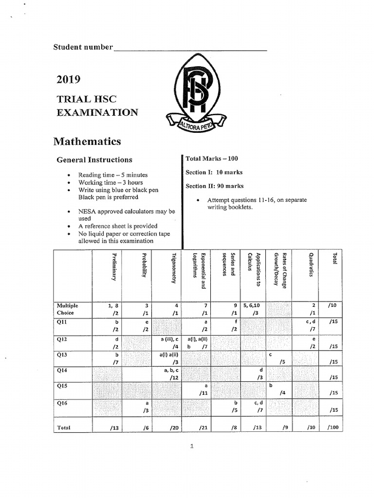 2 Unit Mathematics Trial 2019 | PDF
