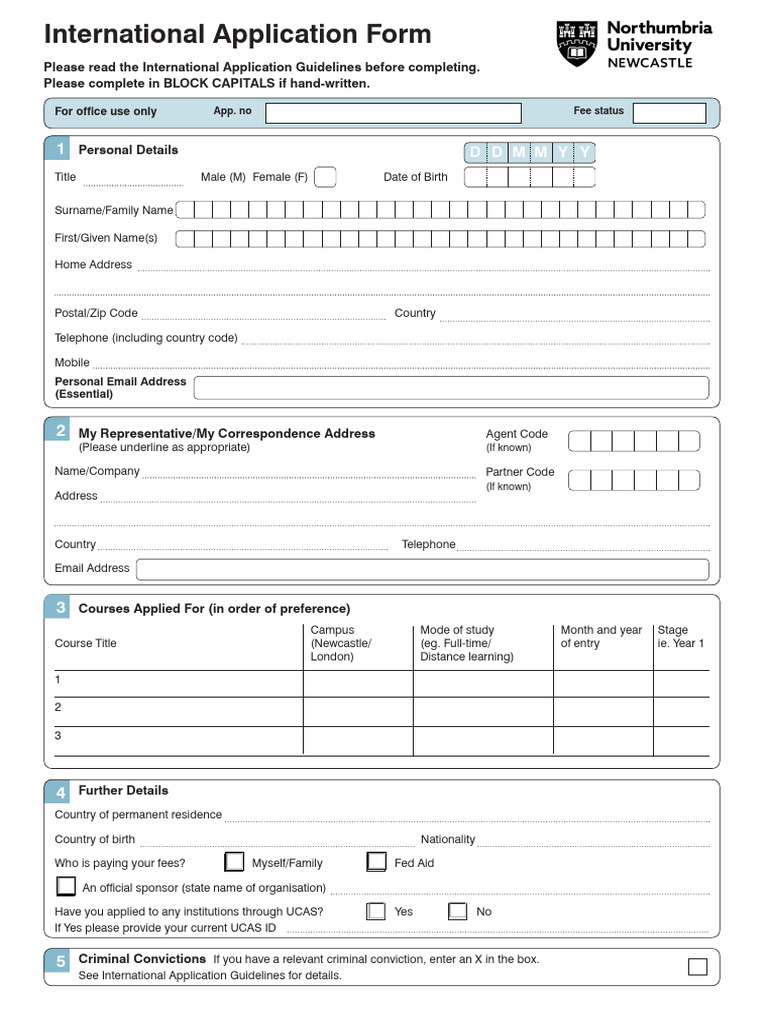 Northumbria University Pathway College International Application Form | PDF | International ...