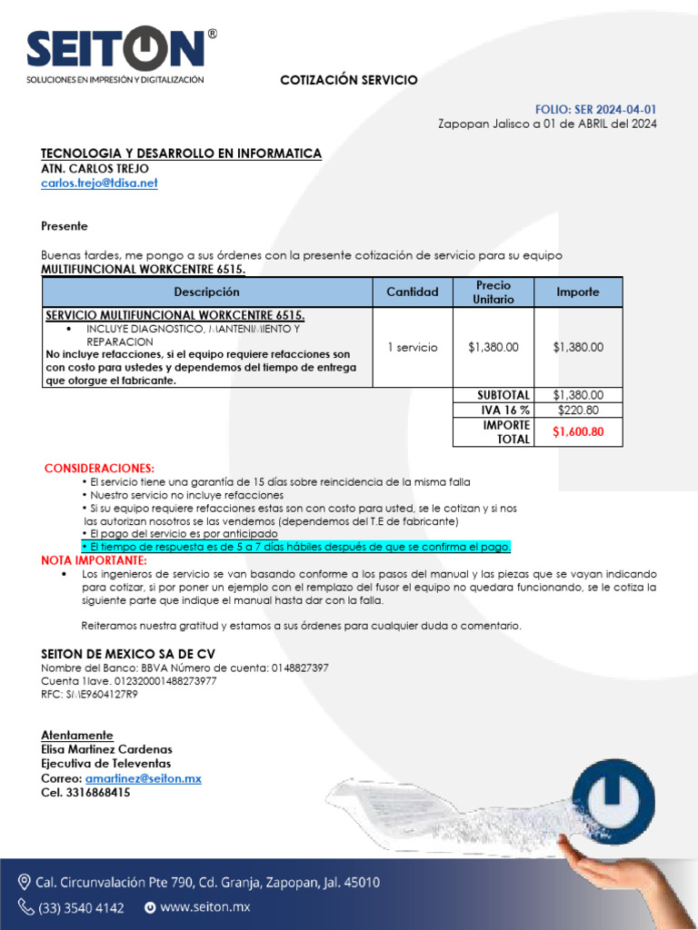 Cotizacion Servicio Xerox WC6515 | PDF